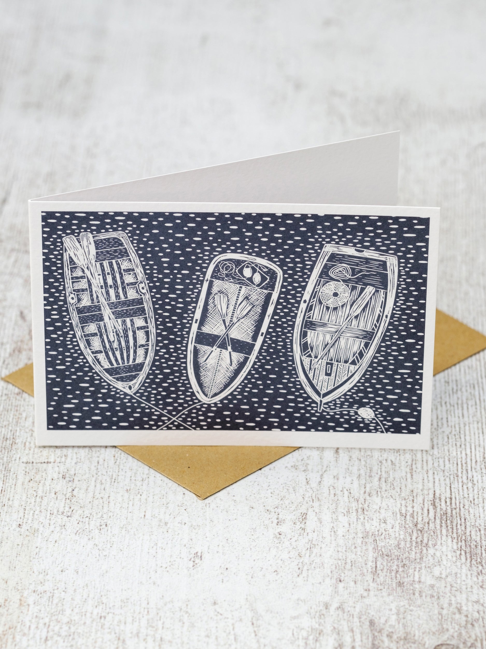 Three Rowing Boats A6 Greeting Card – Lino Lord