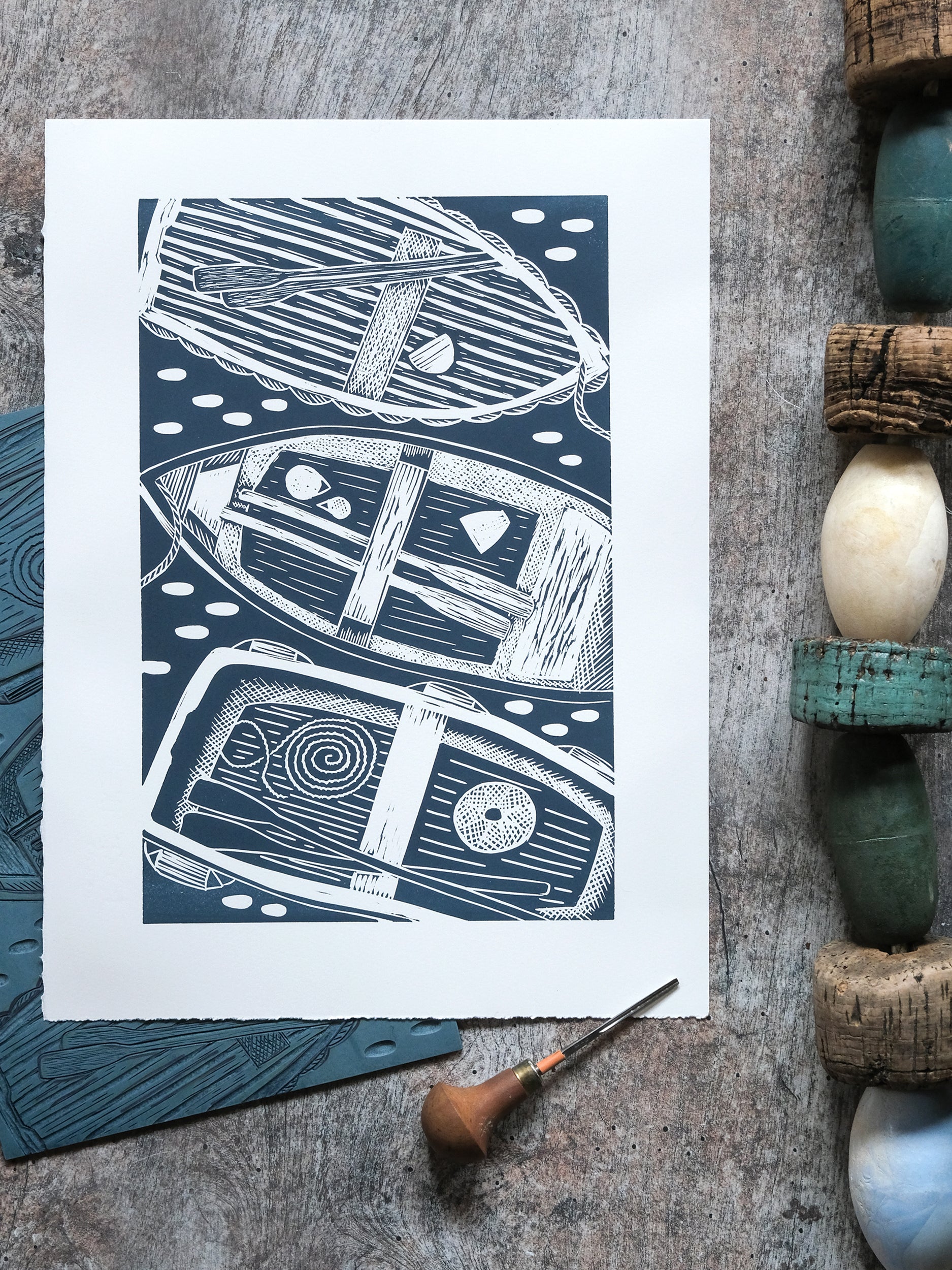 Three Boats, Coverack Lino Print – Lino Lord